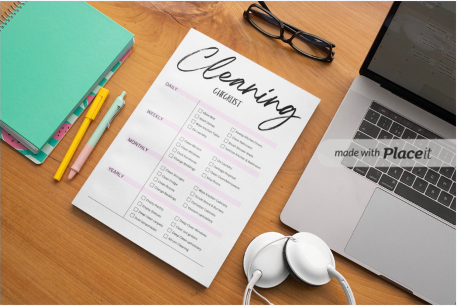 Cleaning Checklist One Page Planner. Daily Weekly Monthly, and Yearly ...
