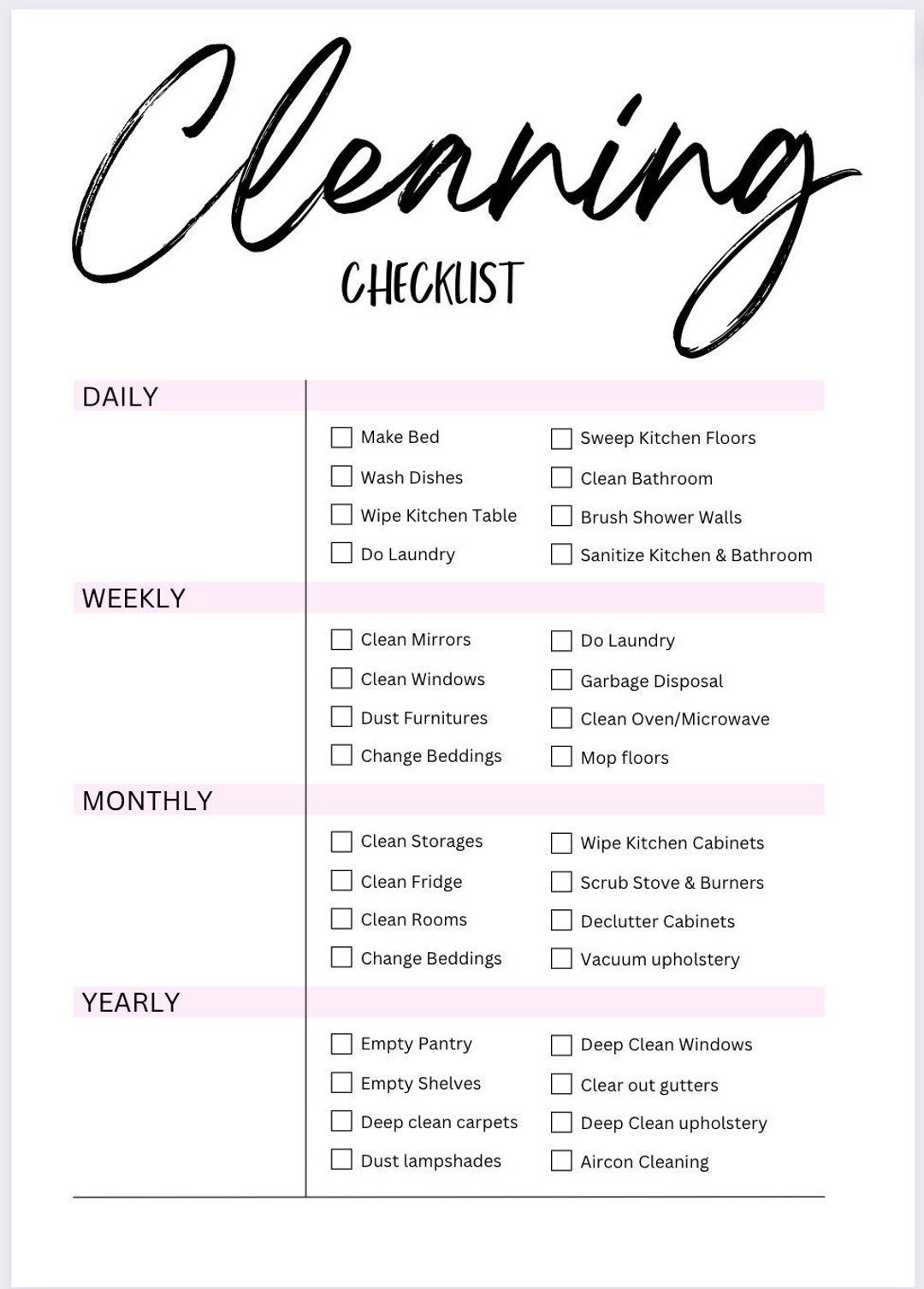 Cleaning Checklist One Page Planner. Daily Weekly Monthly, and Yearly ...