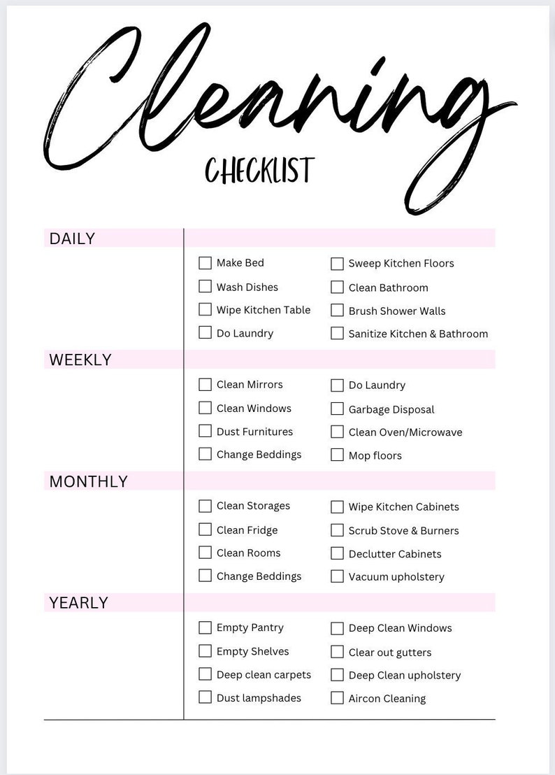Cleaning Checklist One Page Planner. Daily Weekly Monthly, and Yearly ...
