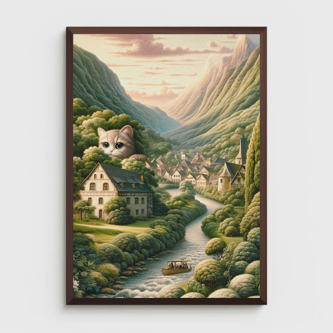 Storybook Cat Landscape Printable | Landscape River Wall Art Cat Hiding ...