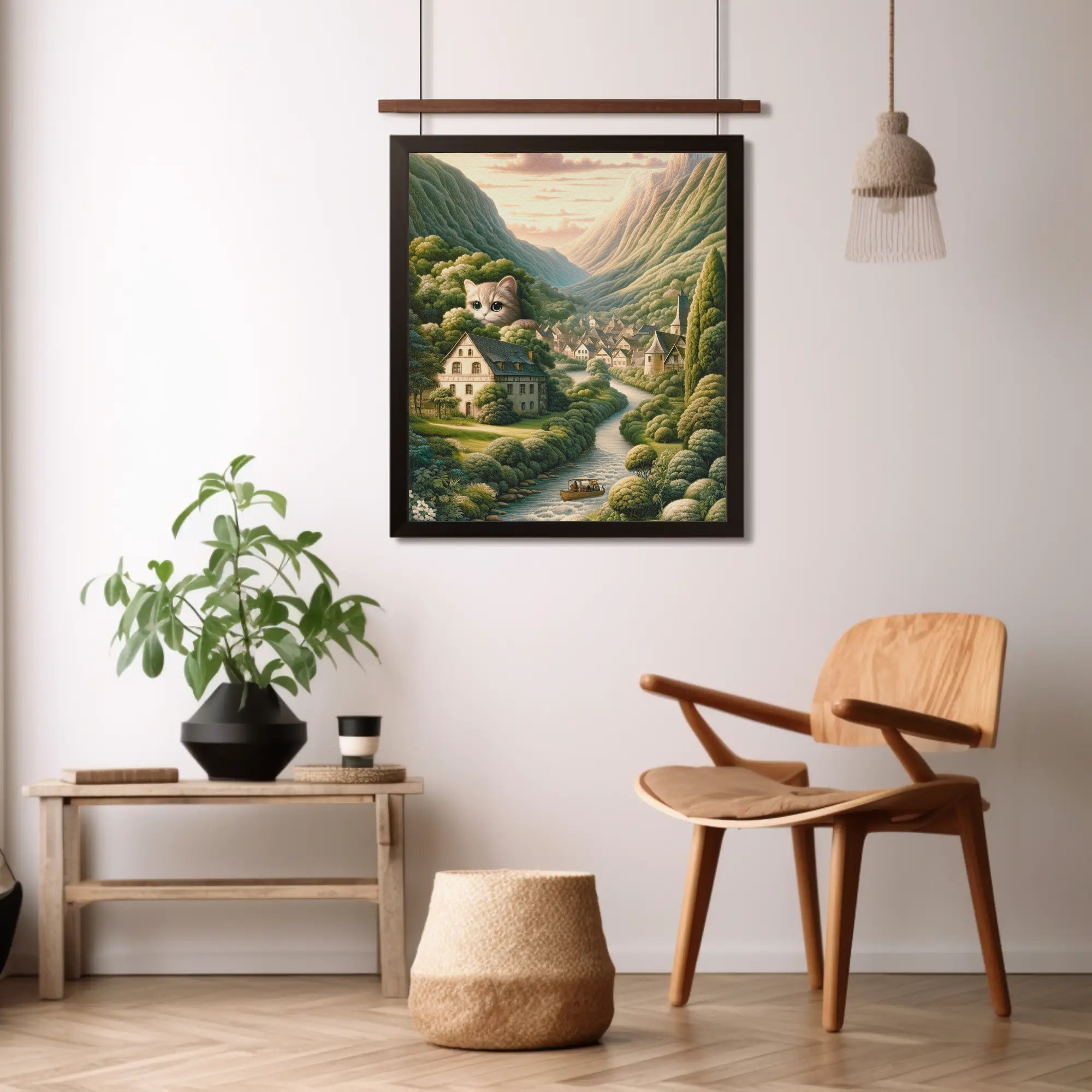 Storybook Cat Landscape Printable | Landscape River Wall Art Cat Hiding ...