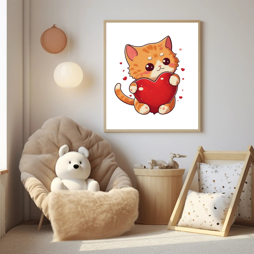 Cute Cat Cuddling Heart Digital Print, Heart Valentine's Print, Cat ...