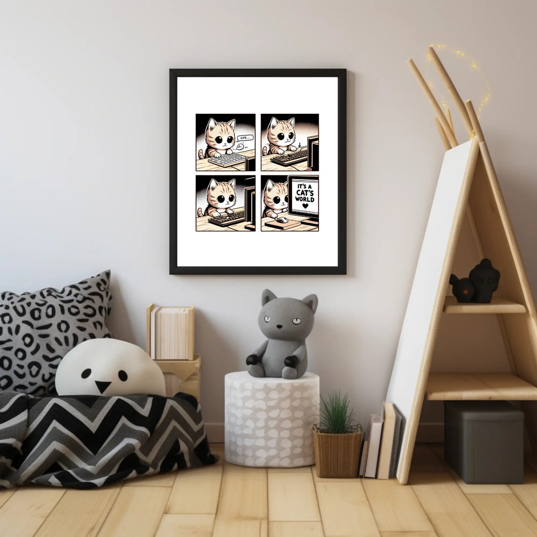 Comic Cute Cat Computer Wall Art Print, Adorable Cat Using Computer ...