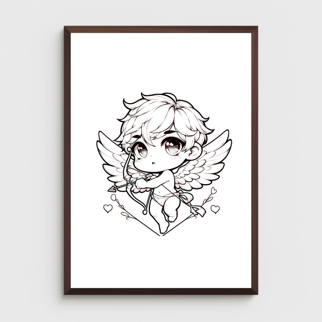 Cute Cupid Anime Line Art Print | Chibi Cupid Art | Valentine's Wall ...