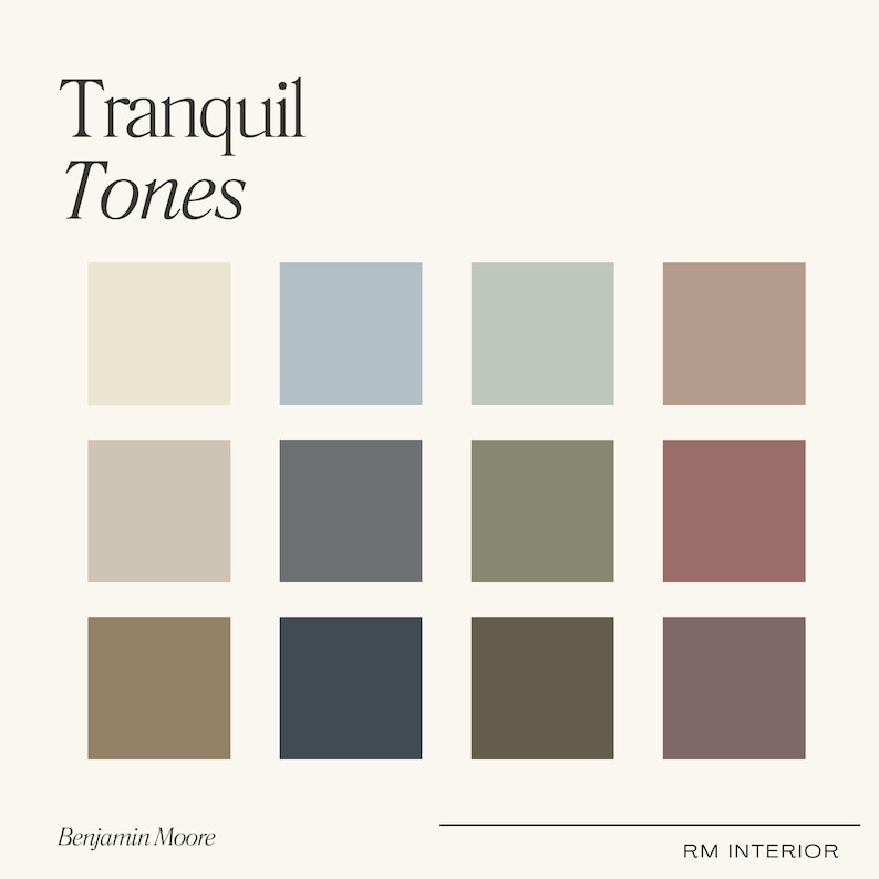 Tranquil Tones Paint Color Palette | 12 Soft Earthy Benjamin Moore ...