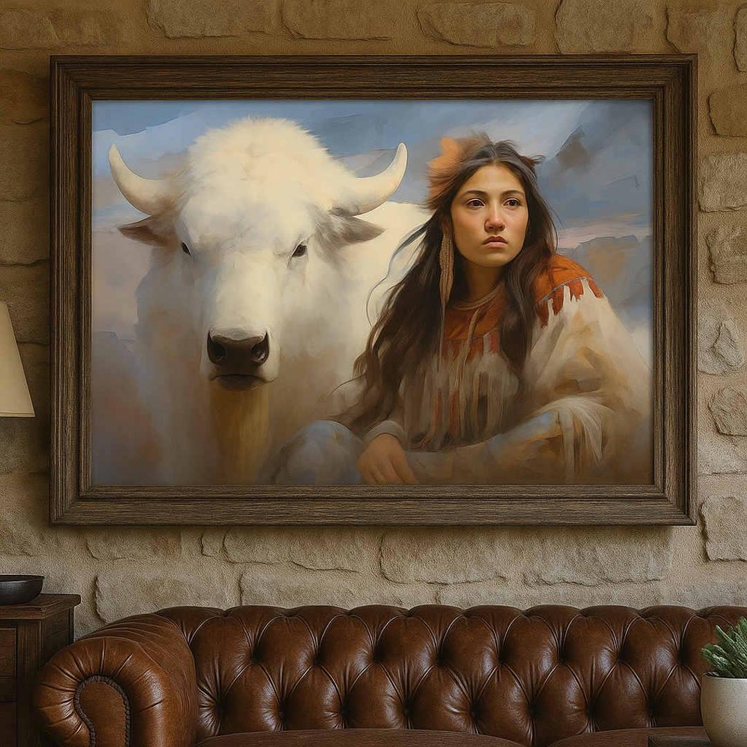 White Buffalo Canvas Wall Art & Native Woman Boho Decor, Tribal Spirit ...