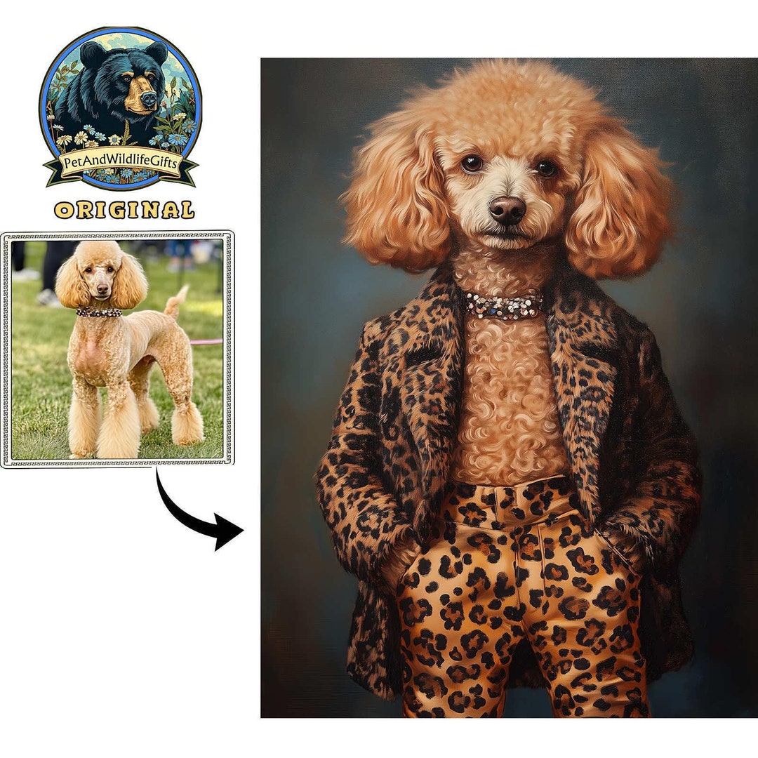 Poodle in Leopard Skin Outfit, Personalized Photo, Pet Portrait, Dog ...