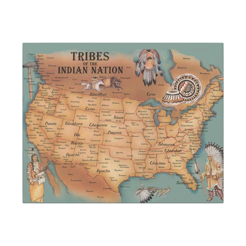 Tribes of the Indian Nations Map, Native American Indigenous Wall Decor ...