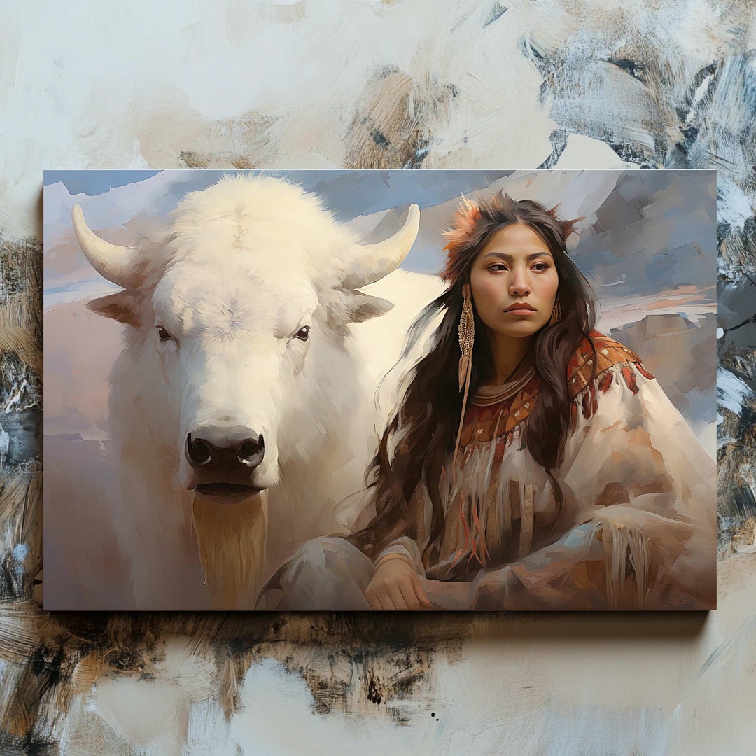 White Buffalo Canvas Wall Art & Native Woman Boho Decor, Tribal Spirit ...