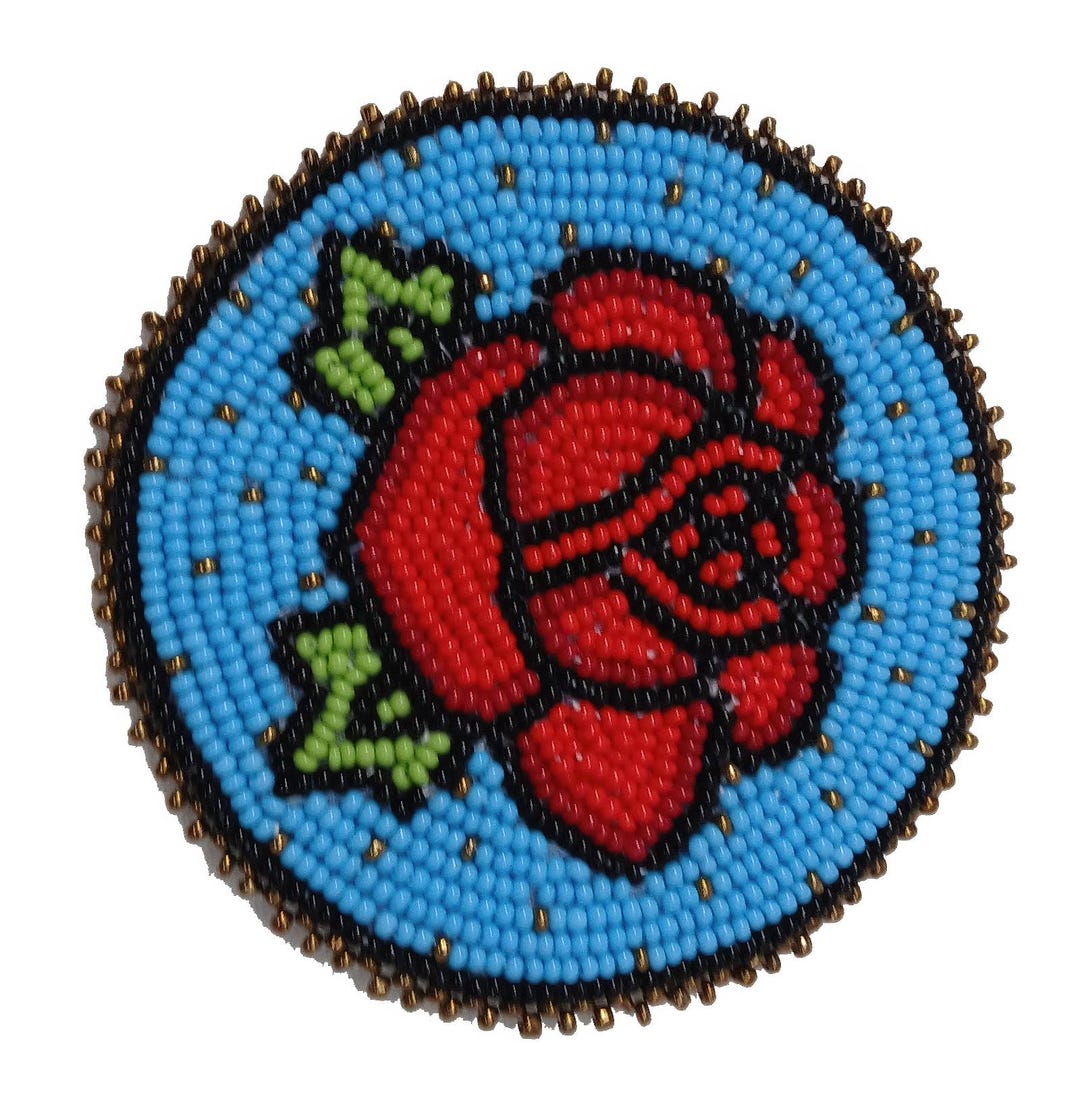3″ Red Rose on Turquoise Beaded Medallion, Rosette Seed Bead Patch - Etsy