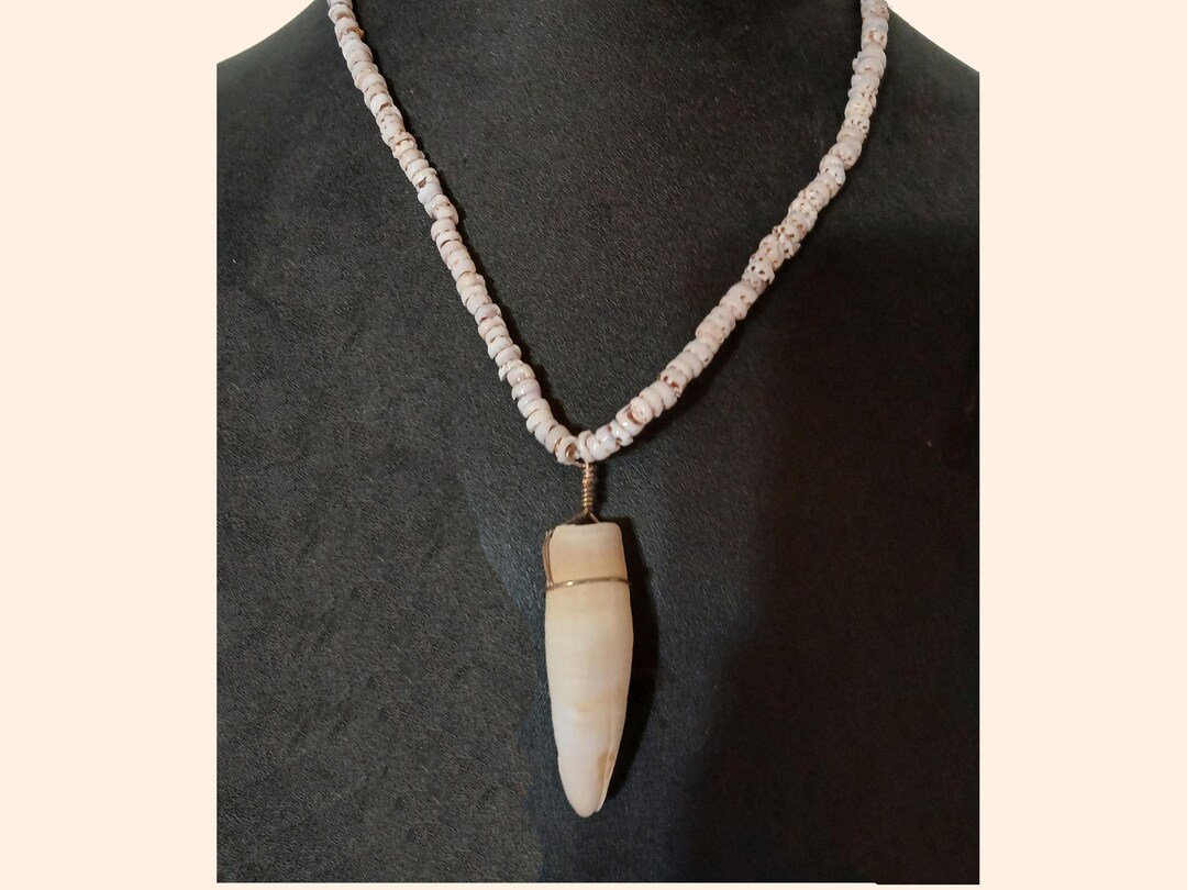 Rustic Alligator Tooth Necklace, Tan Heishi Beads & Wire Wrapped ...
