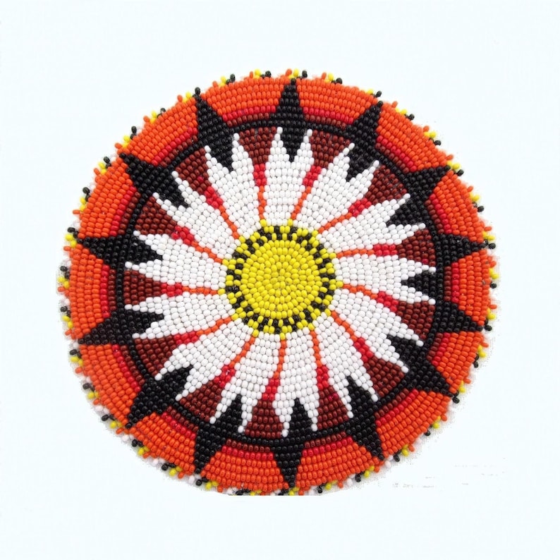 5″ Orange Eagle Feathers Seed Bead Rosette Medallion Applique, Regalia ...
