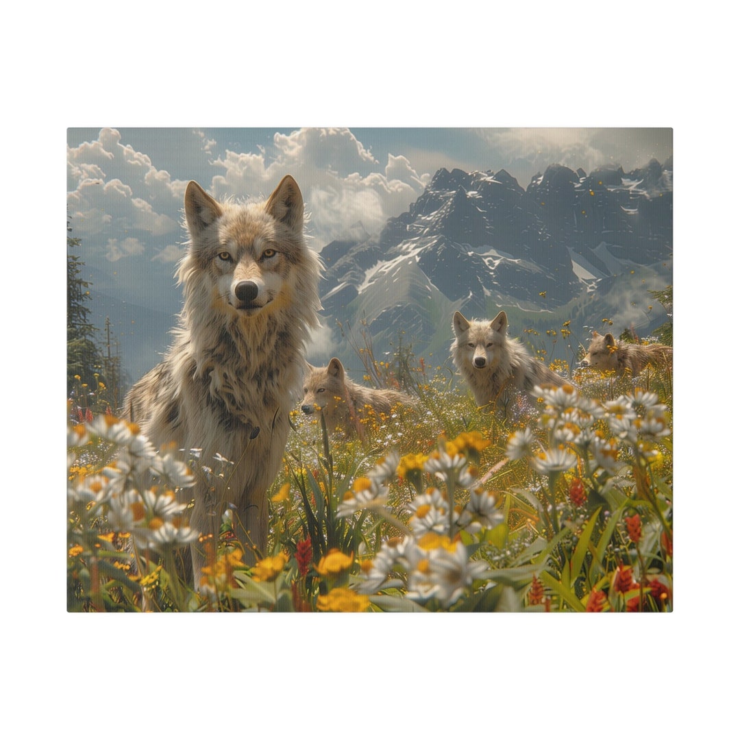 Wolf Pack in Alpine Wildflowers, Majestic Wolves in Mountain Meadow ...