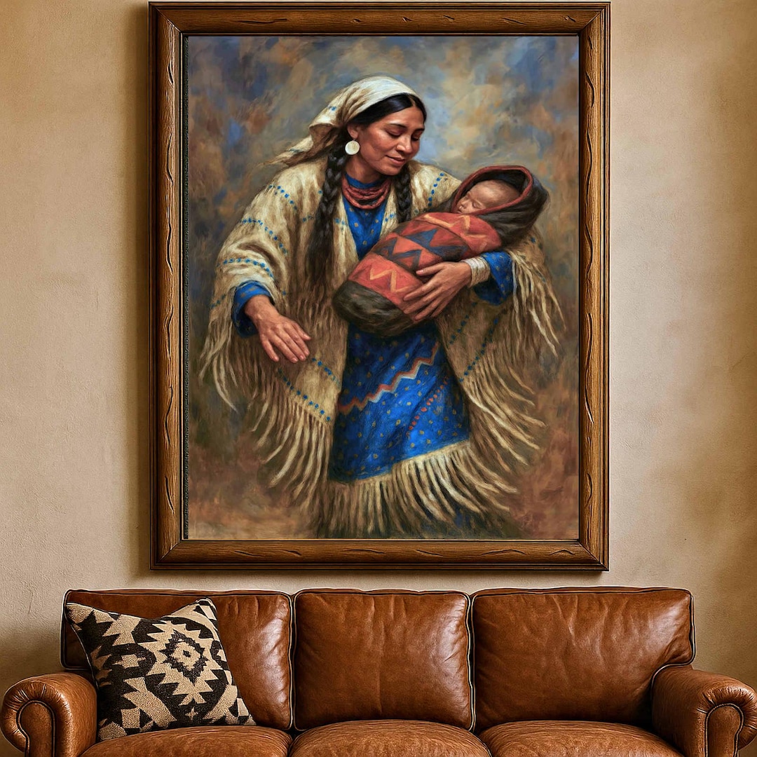 Native American Maternal Love, Indigenous Mother and Child Matte Canvas ...