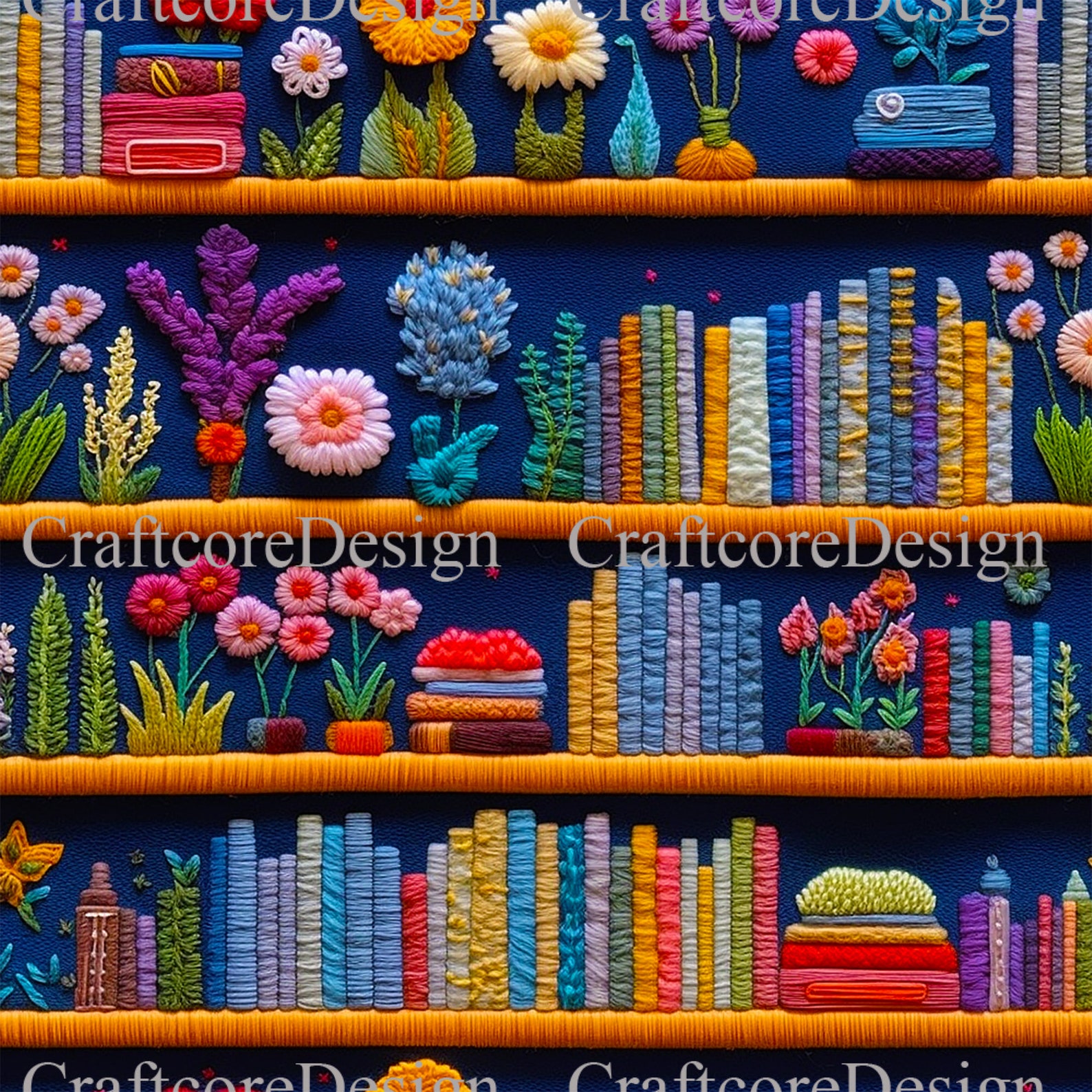 Floral Embroidery Bookshelf Seamless File, Spring Flower Bookish ...