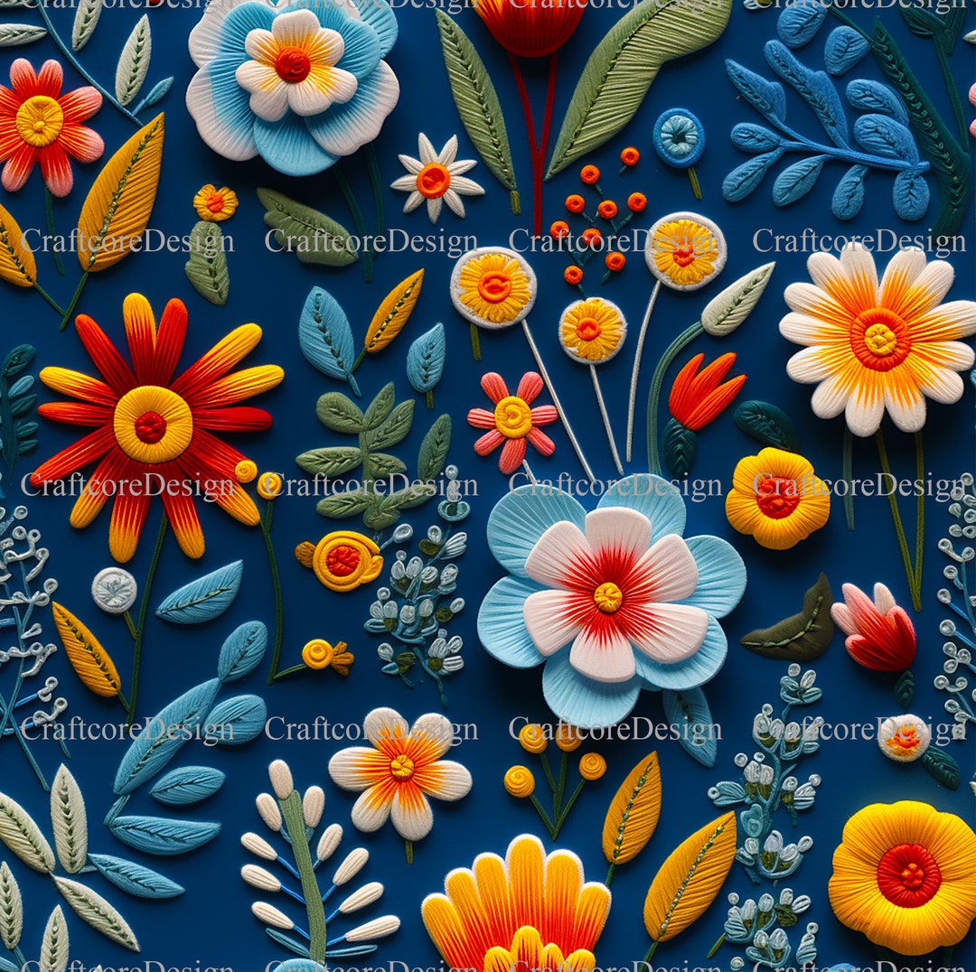 Colorful Boho Floral Embroidery Seamless File Spring Flowers Digital ...