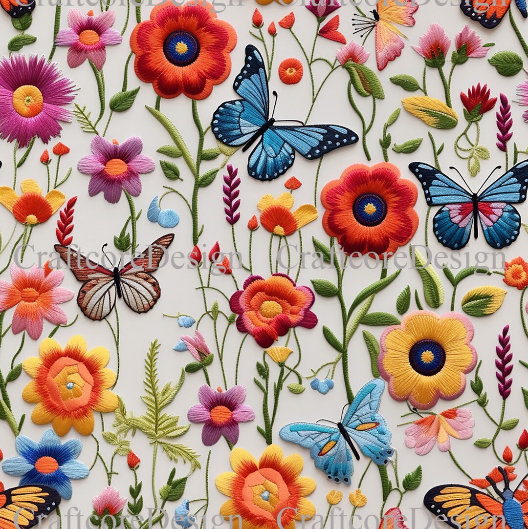 Floral Butterfly Embroidery Seamless File | Spring Butterflies Digital ...