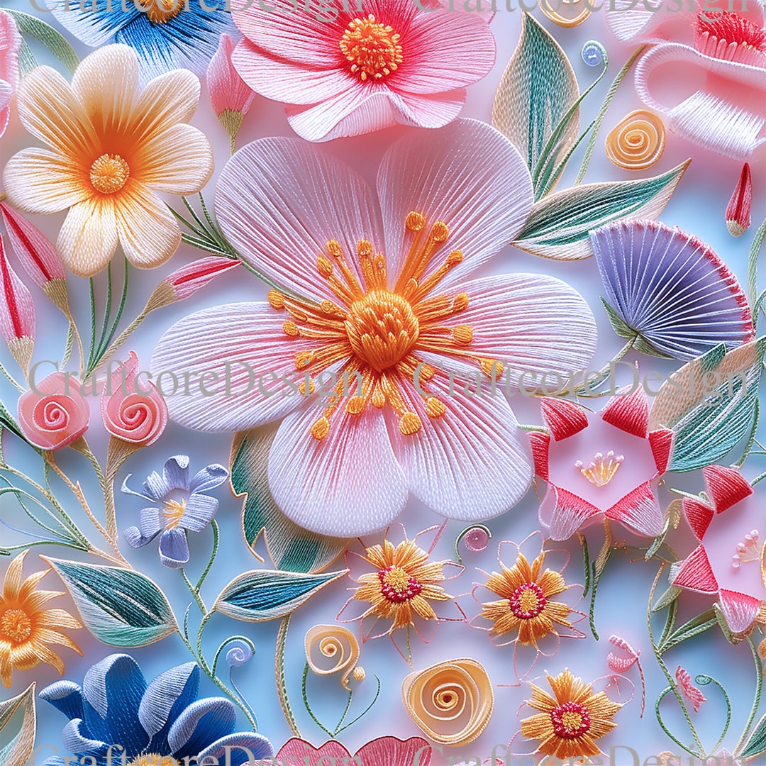 Colorful Floral Embroidery Seamless File Spring Flowers Digital Paper ...