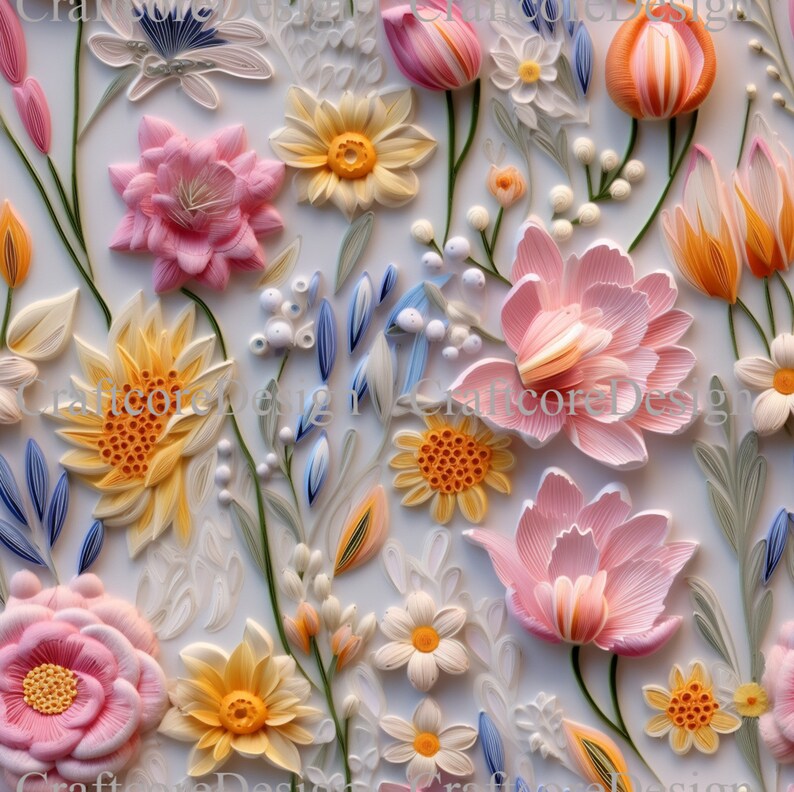 4 X Colorful Floral Embroidery Seamless File Spring Flowers Digital ...