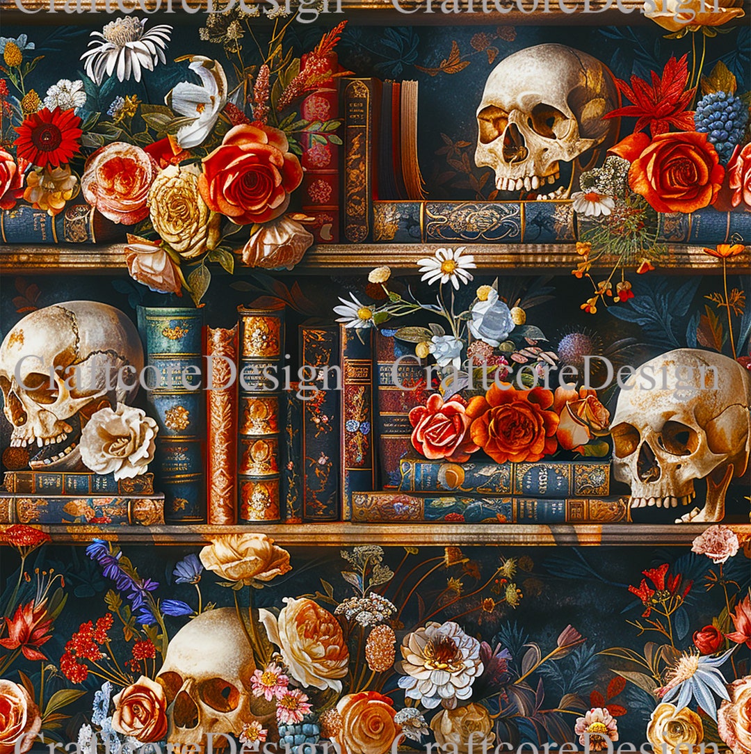 Floral Skull Bookshelf Seamless File, Spring Flower Bookish Digital ...