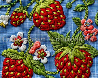 Strawberry Checkered Bow Faux Embroidery Seamless Digital Paper for ...