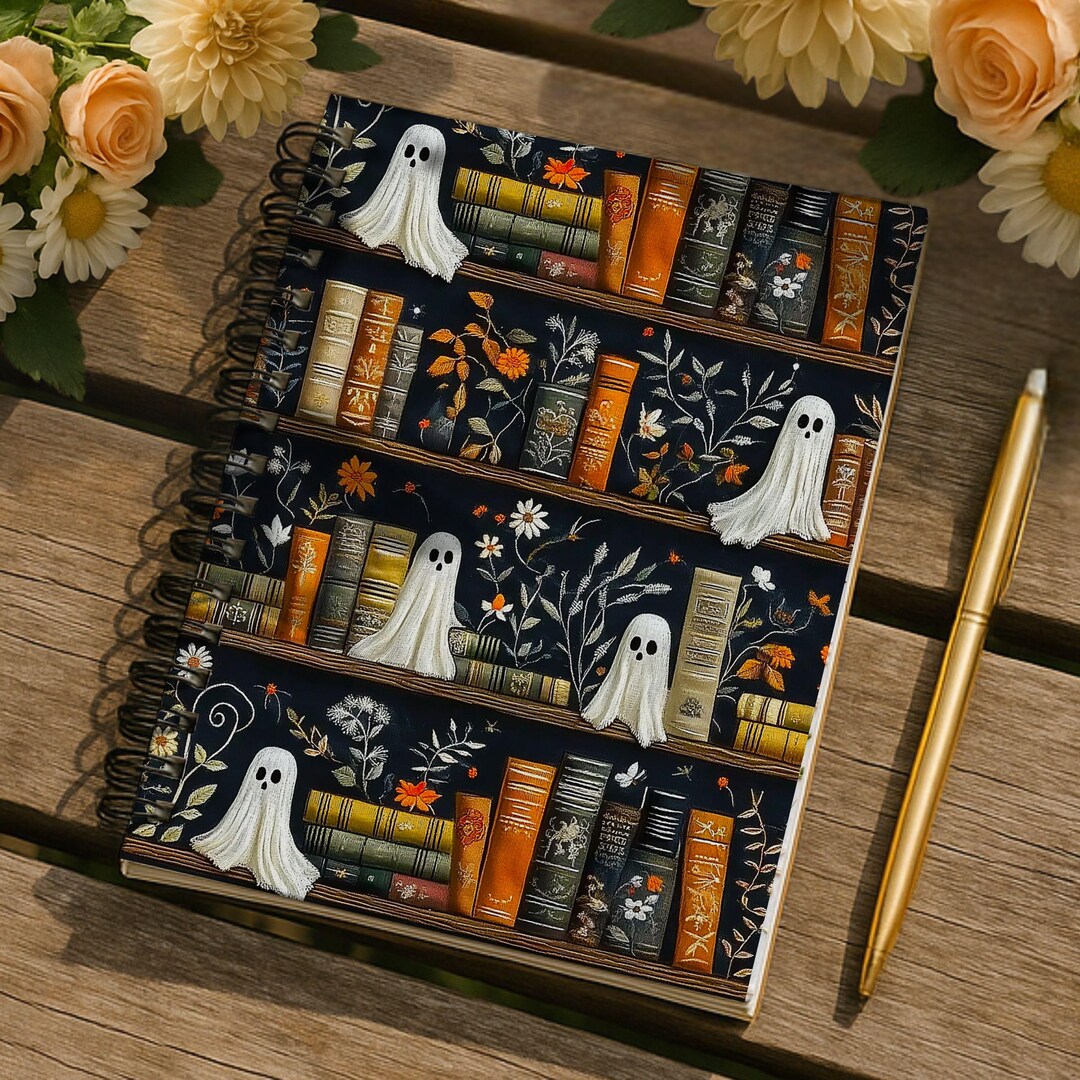 Whimsical Ghosts on Bookshelf Spiral Notebook | Vintage Halloween Ghost ...