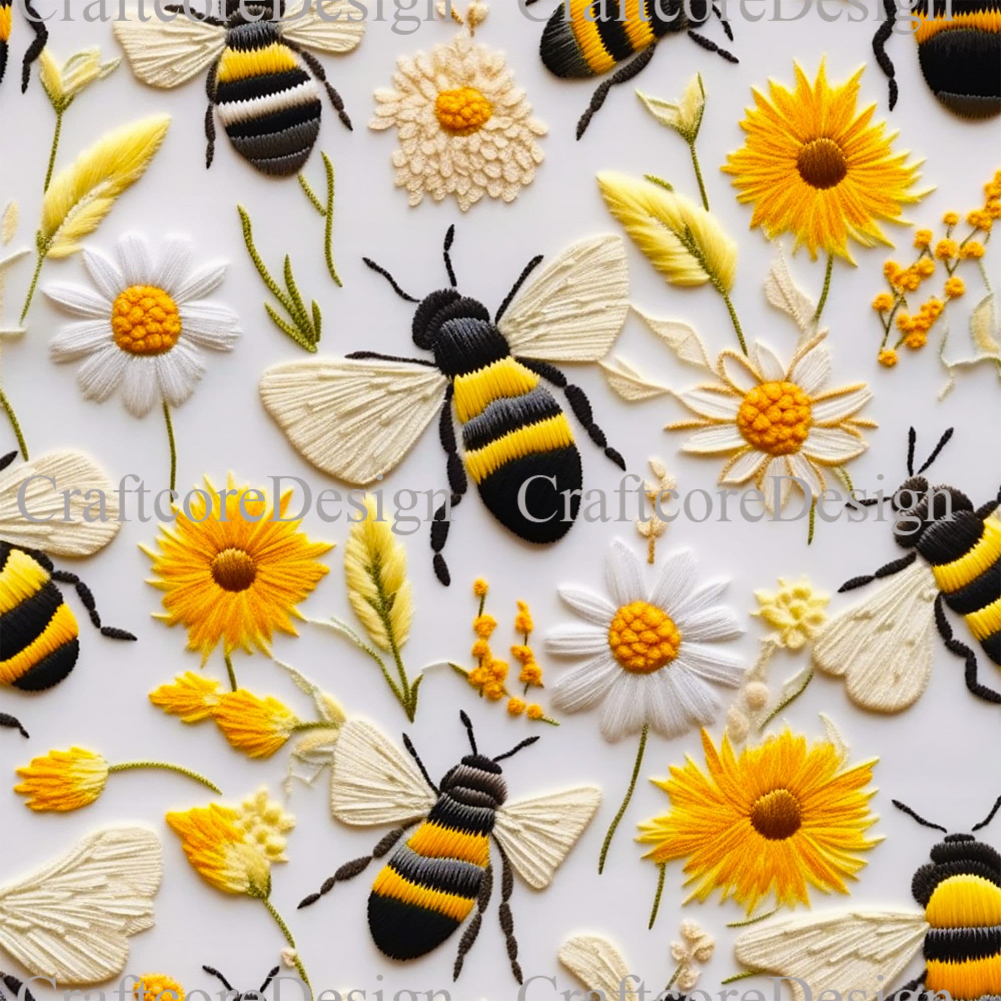 5x Floral Bumblebee Embroidery Seamless File 3D Spring Bees Digital ...