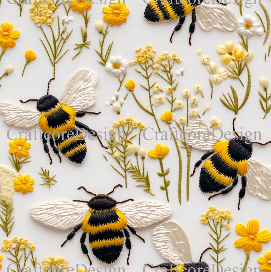 5x Floral Bumblebee Embroidery Seamless File | 3D Spring Bees Digital ...
