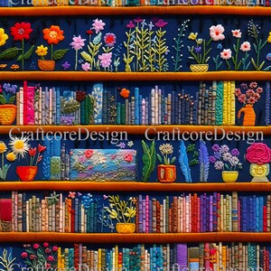 Floral Embroidery Bookshelf Seamless File, Spring Flower Bookish ...