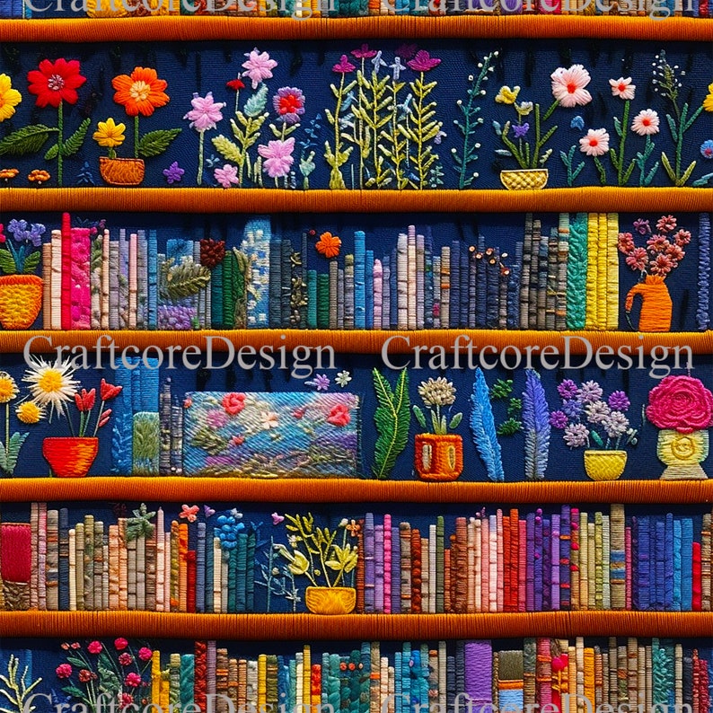 Floral Embroidery Bookshelf Seamless File, Spring Flower Bookish ...