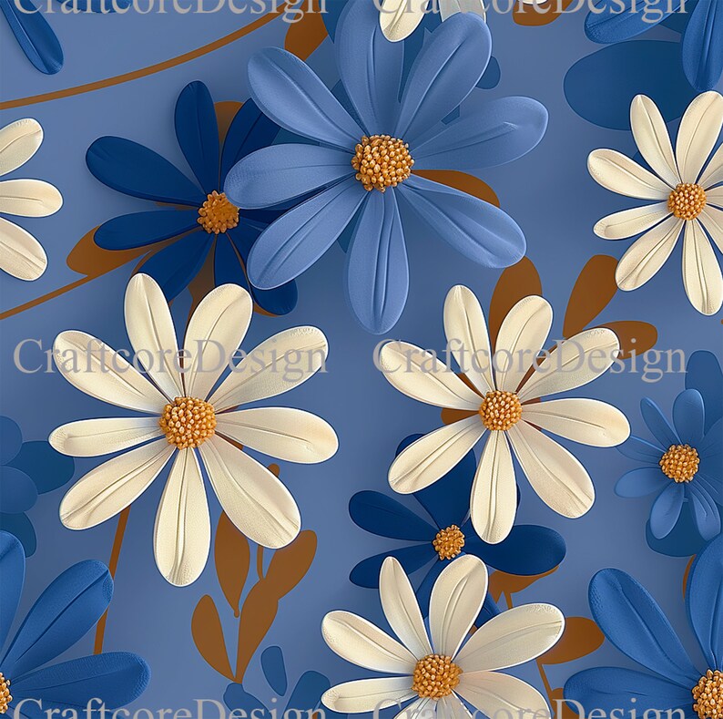 3D Daisy Floral Seamless File | Spring Daisy Digital Paper | Blue ...