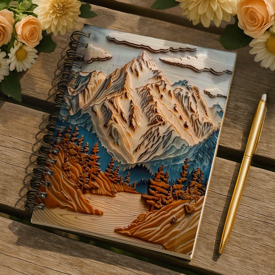 Woodcut Mountain Landscape Spiral Notebook | Wilderness Design Ruled ...