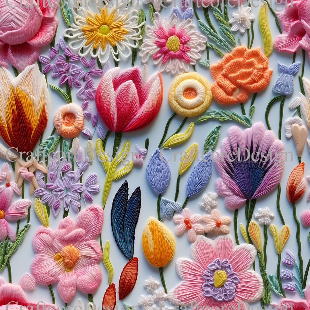 Colorful Floral 3D Embroidery Seamless File | 3D Embroidered Flowers ...