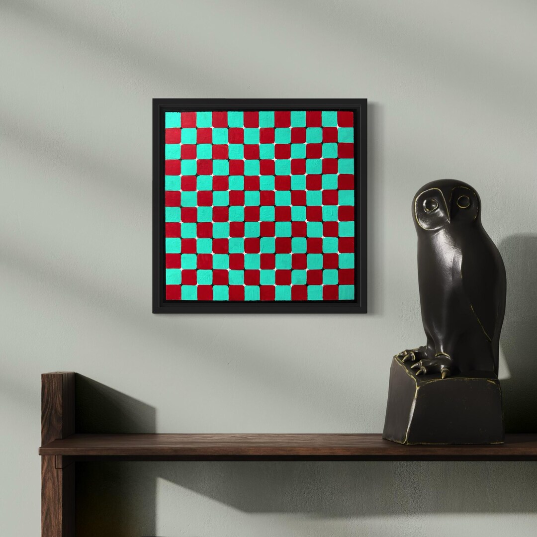 Vibrant Grid A: Optical Illusion Painting in Red & Aqua – Original ...