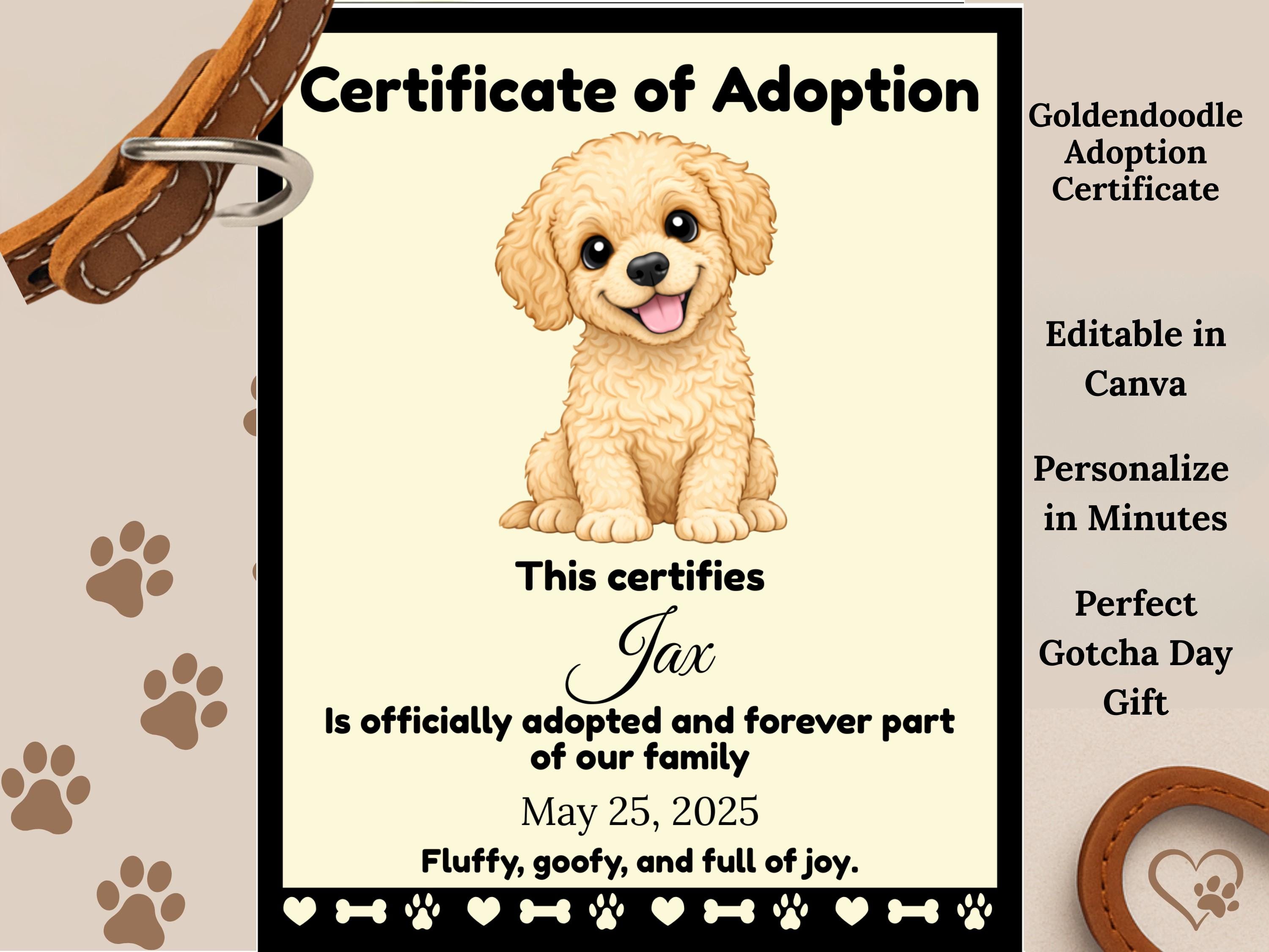 Goldendoodle Adoption Certificate, Dog Gotcha Day Keepsake (printable ...