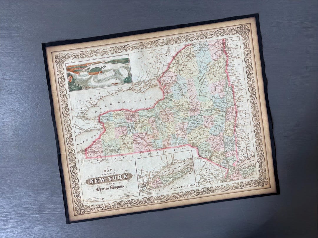 New York Map Fabric Piece. 21 by 17.5 Inch. Vintage NY Small State Map ...