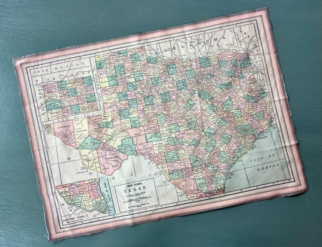 Texas Map Fabric Piece. 20.75 by 15 Inch. Vintage TX Small Map Panel of ...