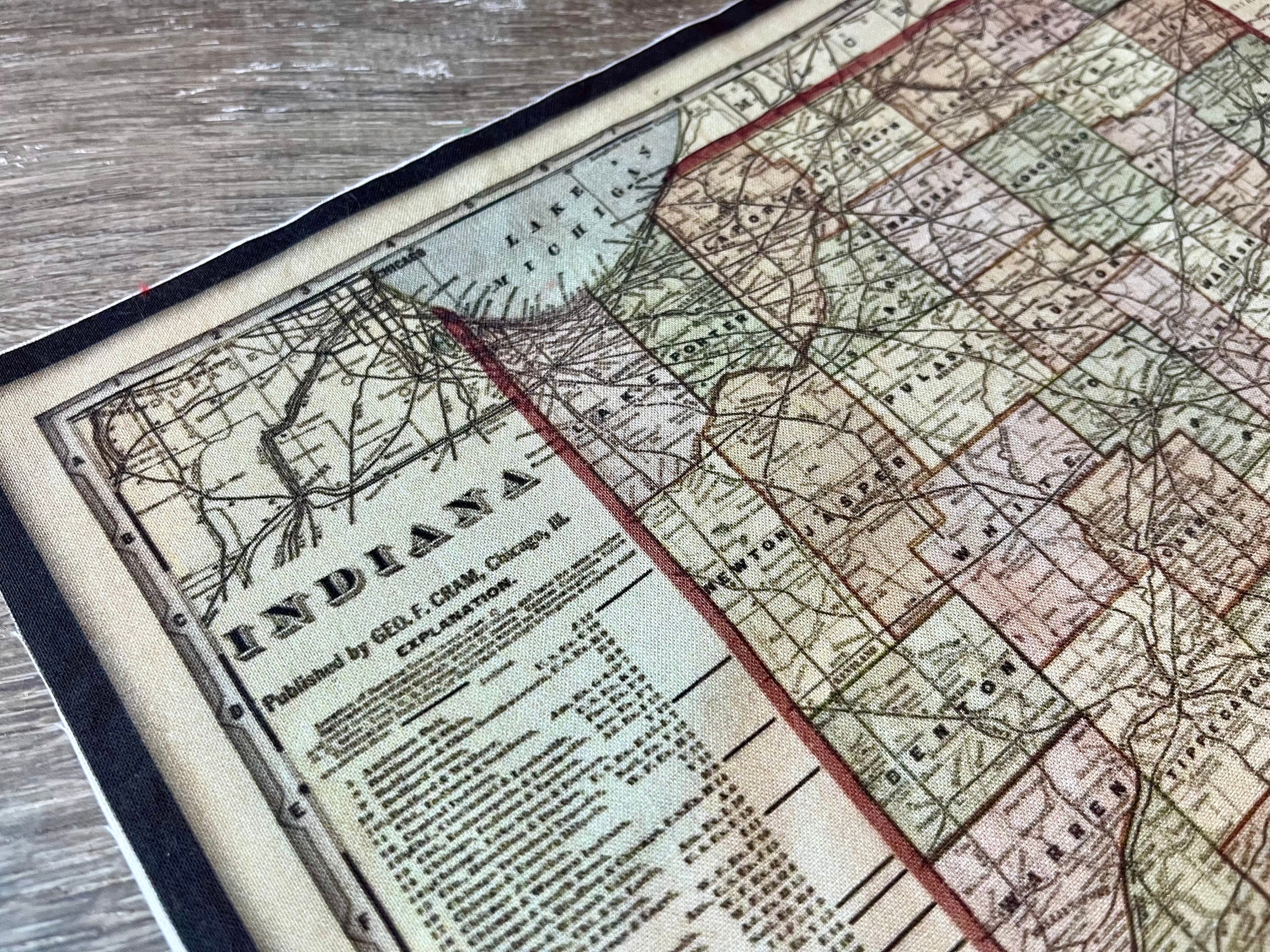 Indiana Map Fabric Piece. 12 by 17 Inch. Small Vintage IN Map Panel of ...