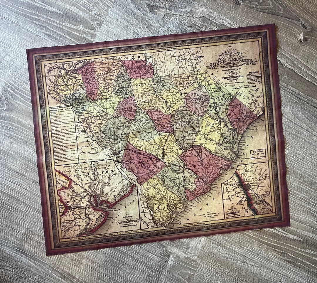 South Carolina Map Fabric Piece. 20.75 by 17 Inch. Vintage SC Small Map ...