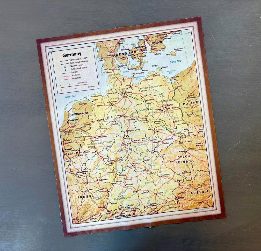 Germany Map Fabric Piece. Approximately 16.25 by 19.75 Inches. Small ...