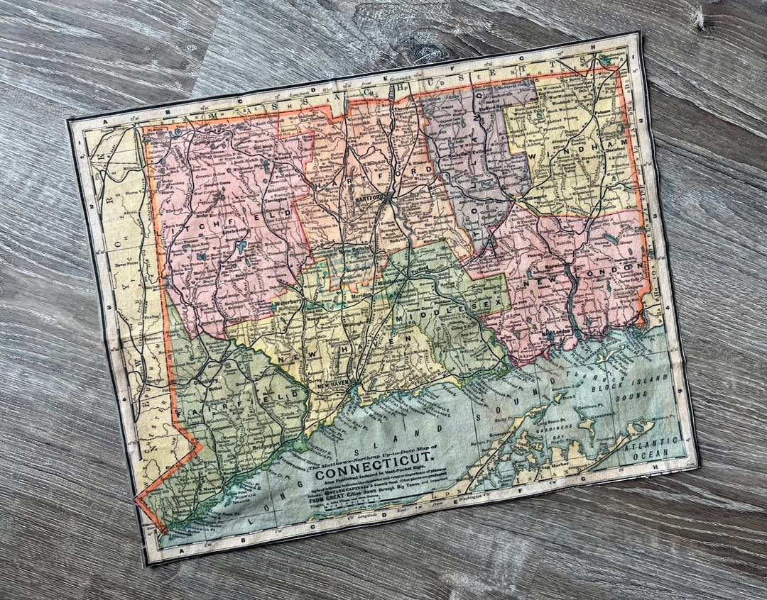 Connecticut Map Fabric Piece. 19 by 15 Inch. Vintage CT Small Map Panel ...