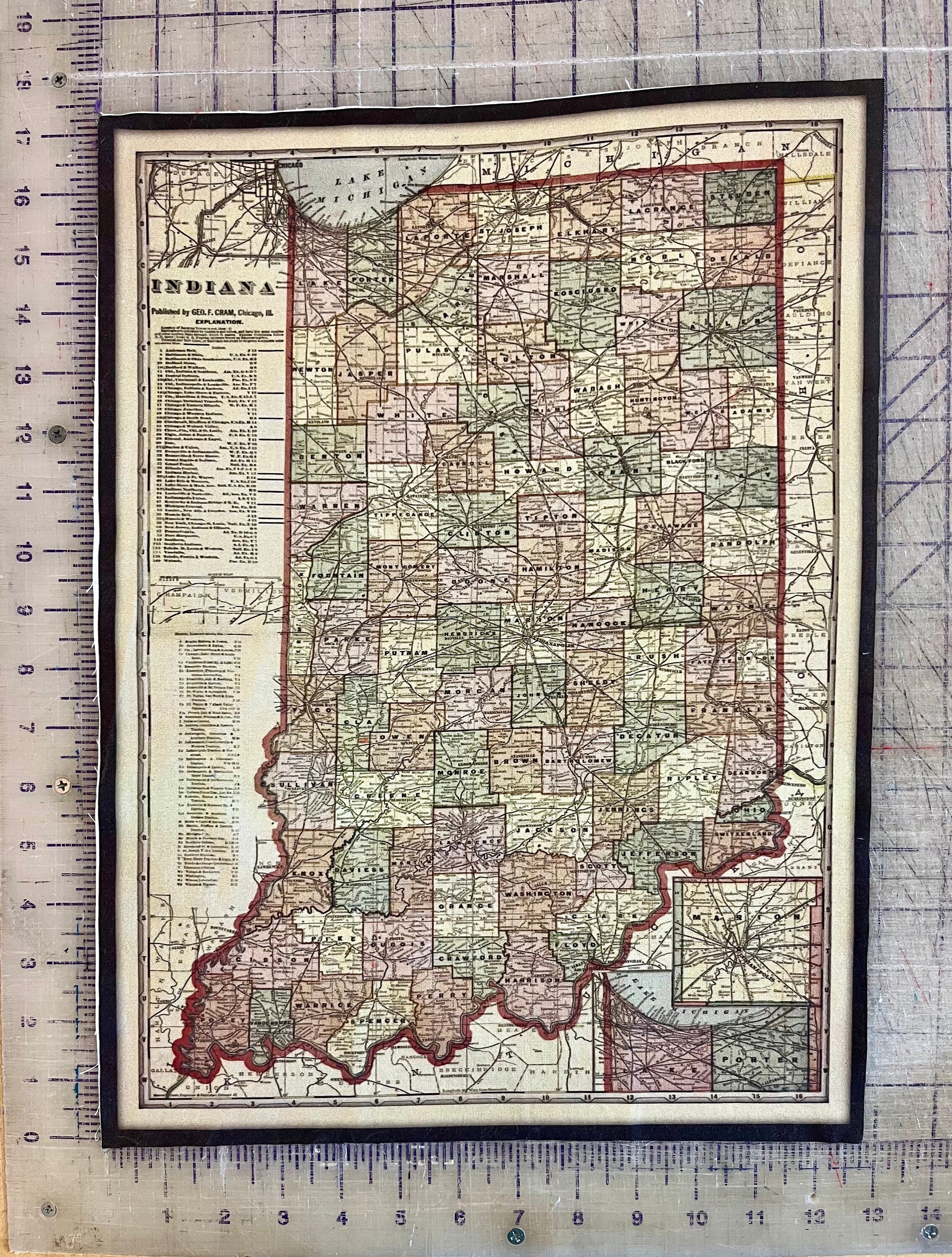 Indiana Map Fabric Piece. 12 by 17 Inch. Small Vintage IN Map Panel of ...