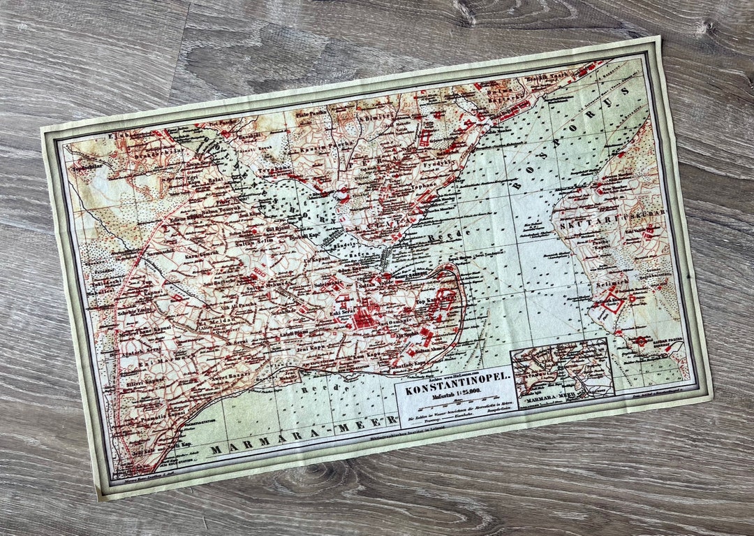 Constantinople Map Fabric Piece. 21 by 12 Inch. Vintage Turkey Small ...