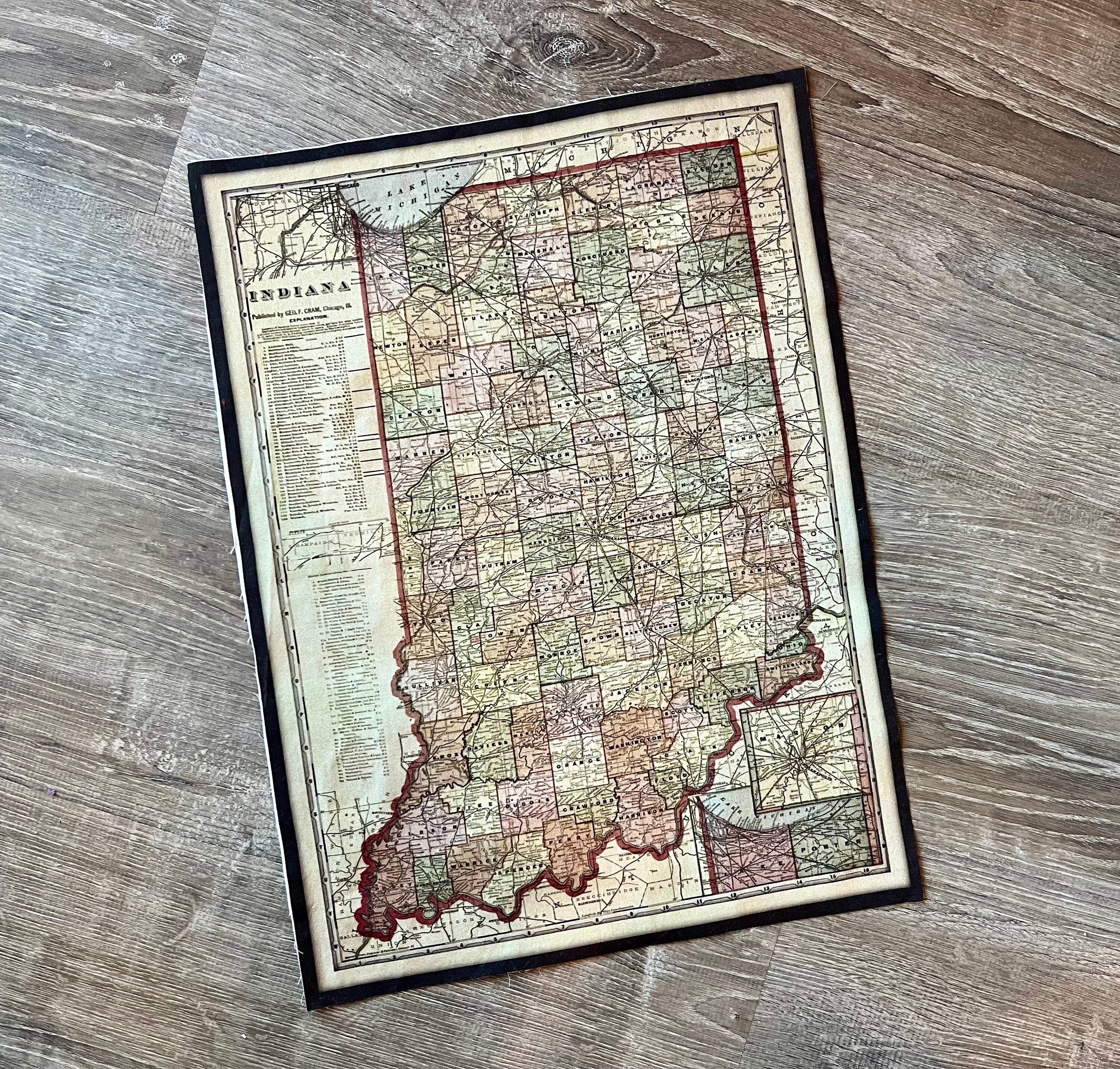 Indiana Map Fabric Piece. 12 by 17 Inch. Small Vintage IN Map Panel of ...