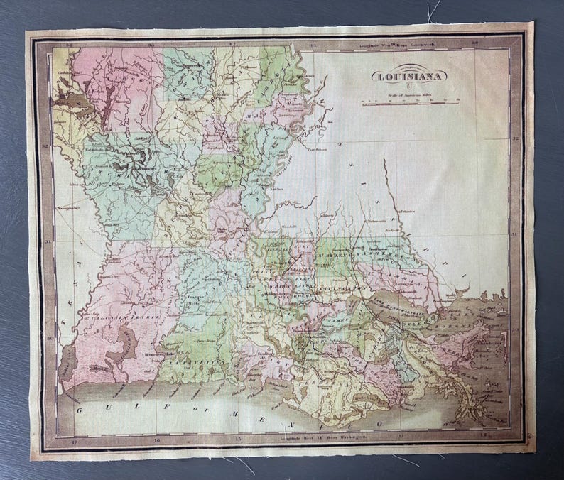 Louisiana Map Fabric Piece. 17.75 by 21 Inch. Vintage LA Small State ...