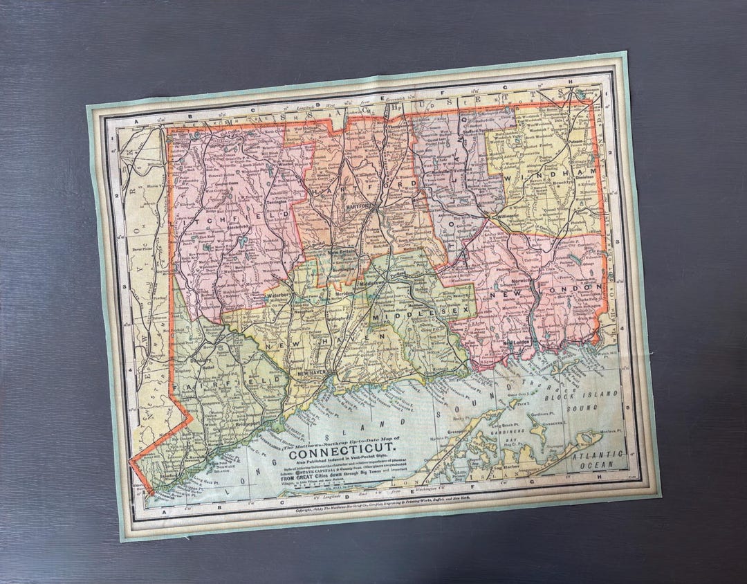 Connecticut Map Fabric Piece. 21 by 17 Inch. Vintage CT Small Map Panel ...