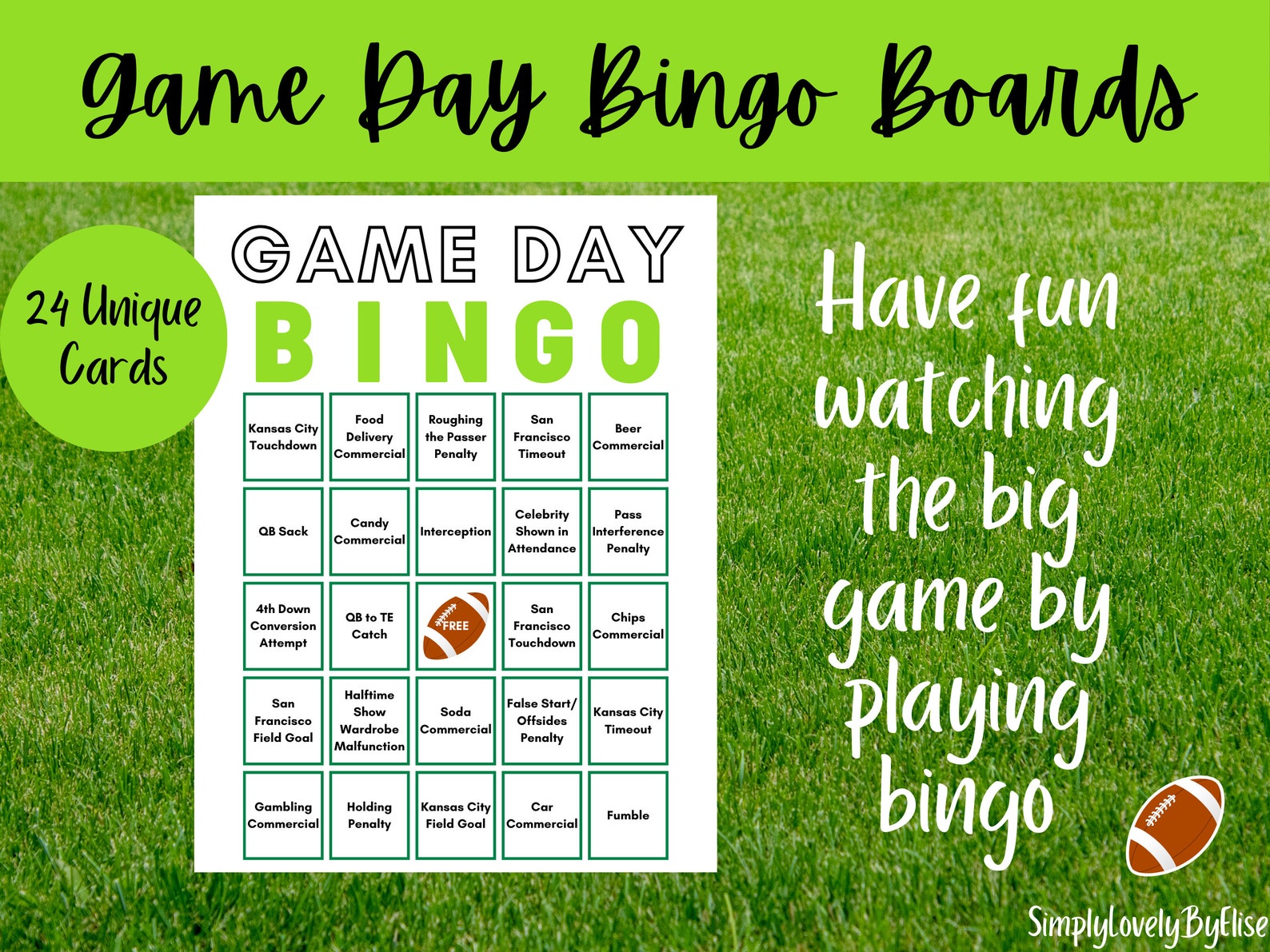 Game Day Bingo Made for 2024 Big Football Game 24 Unique Football Bingo ...