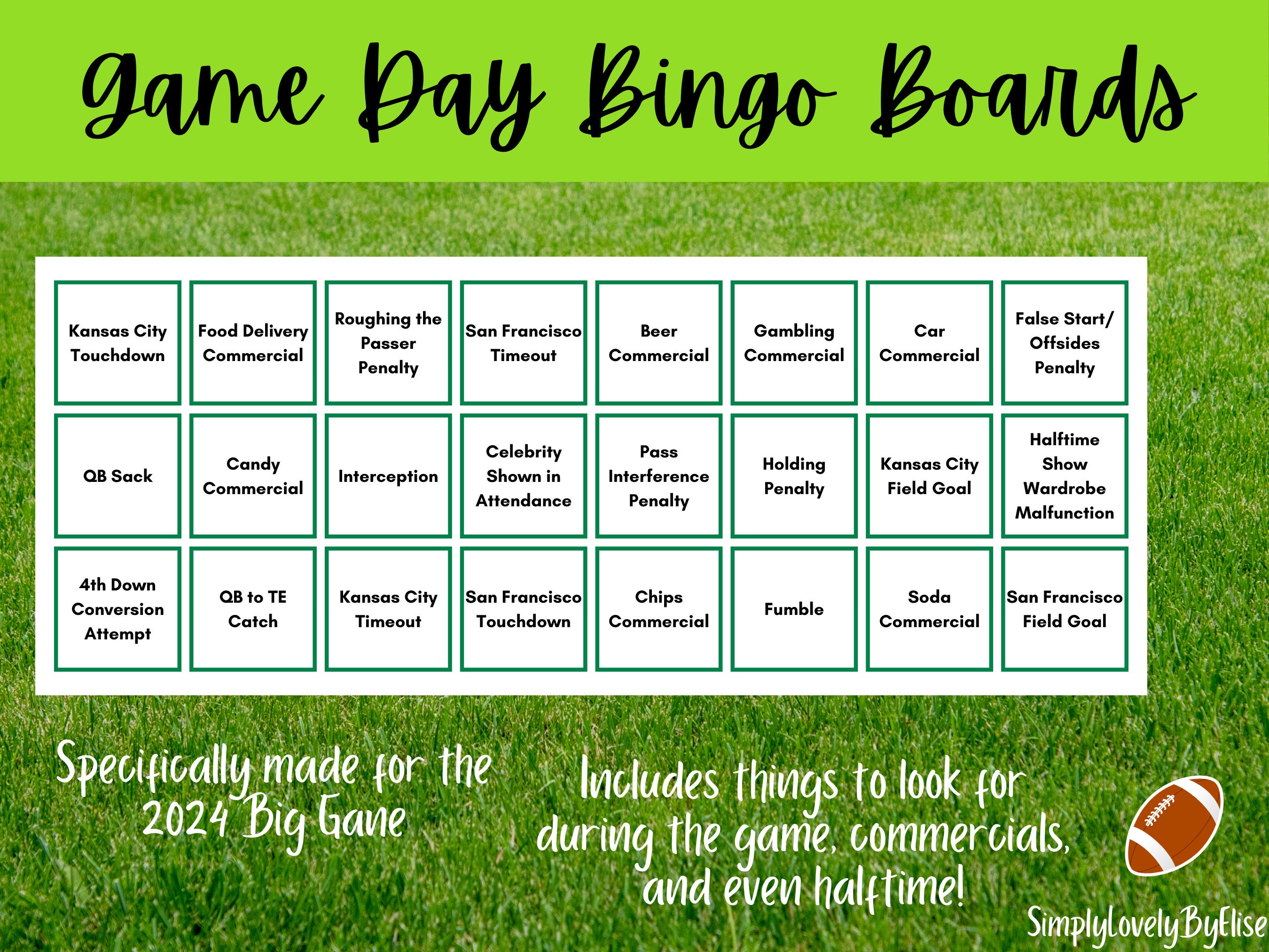 Game Day Bingo Made for 2024 Big Football Game 24 Unique Football Bingo ...