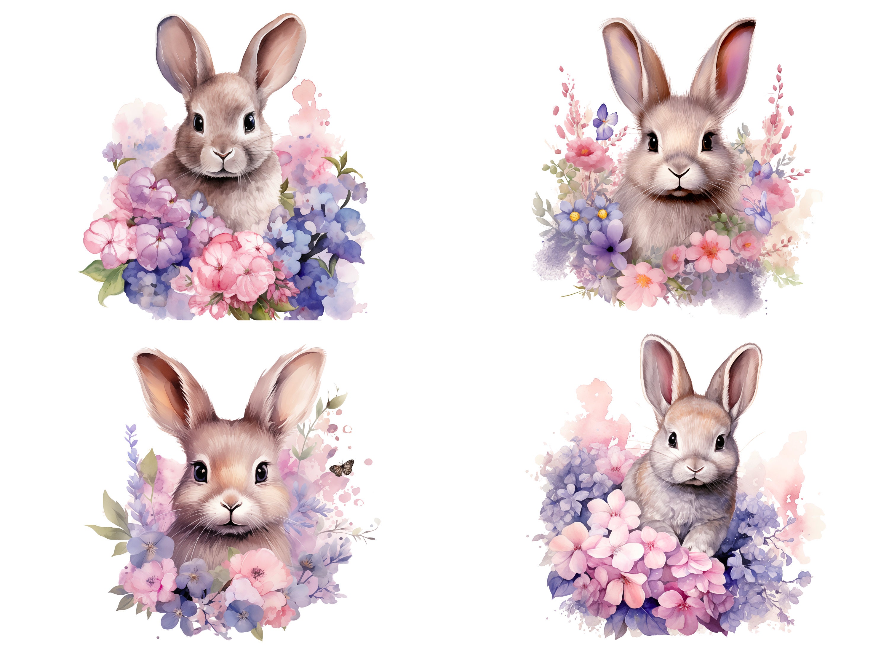 Purple Easter Watercolor Clipart, Purple Floral Bunnies, Easter Bunny ...