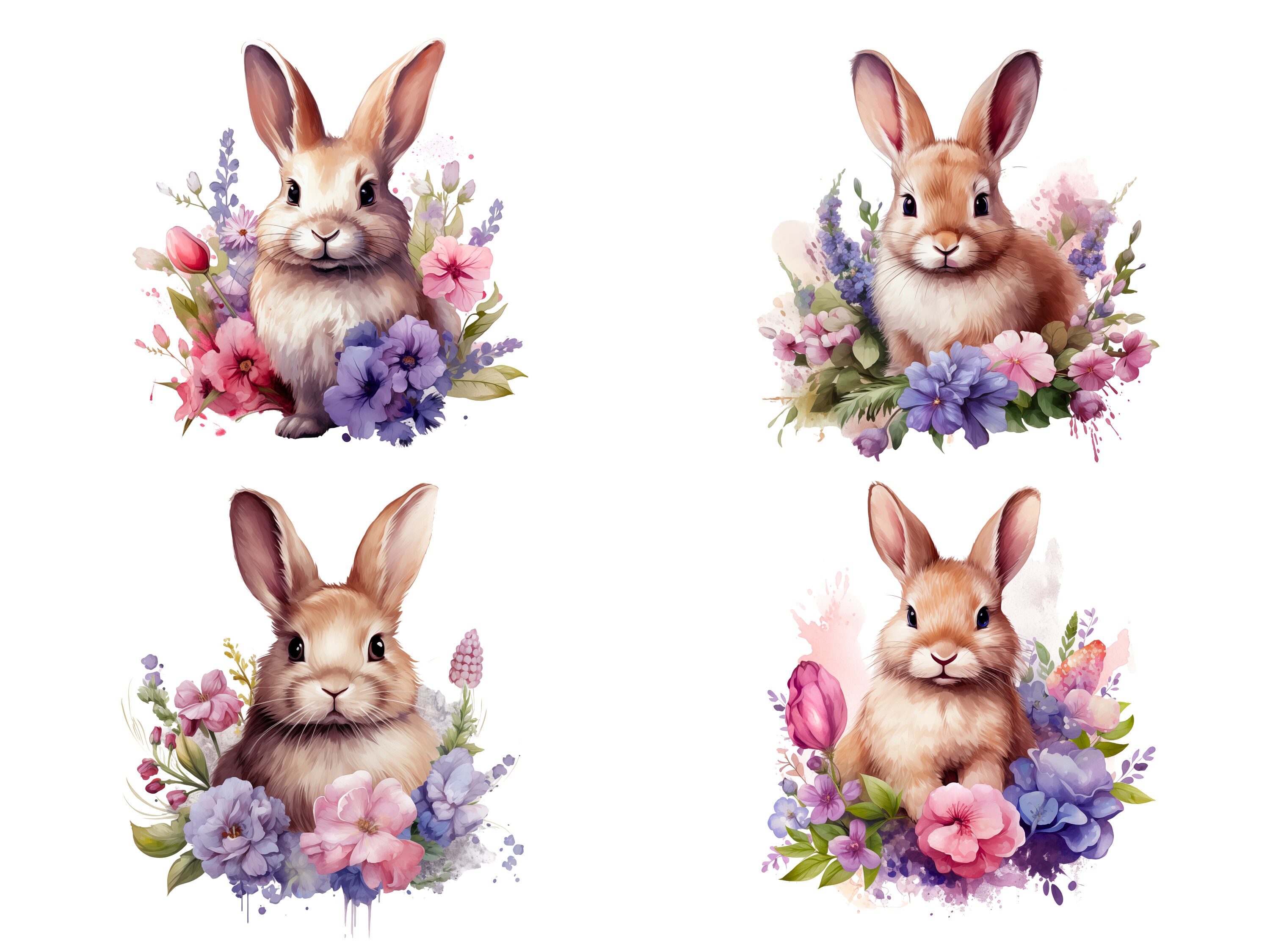 Purple Easter Watercolor Clipart, Purple Floral Bunnies, Easter Bunny ...